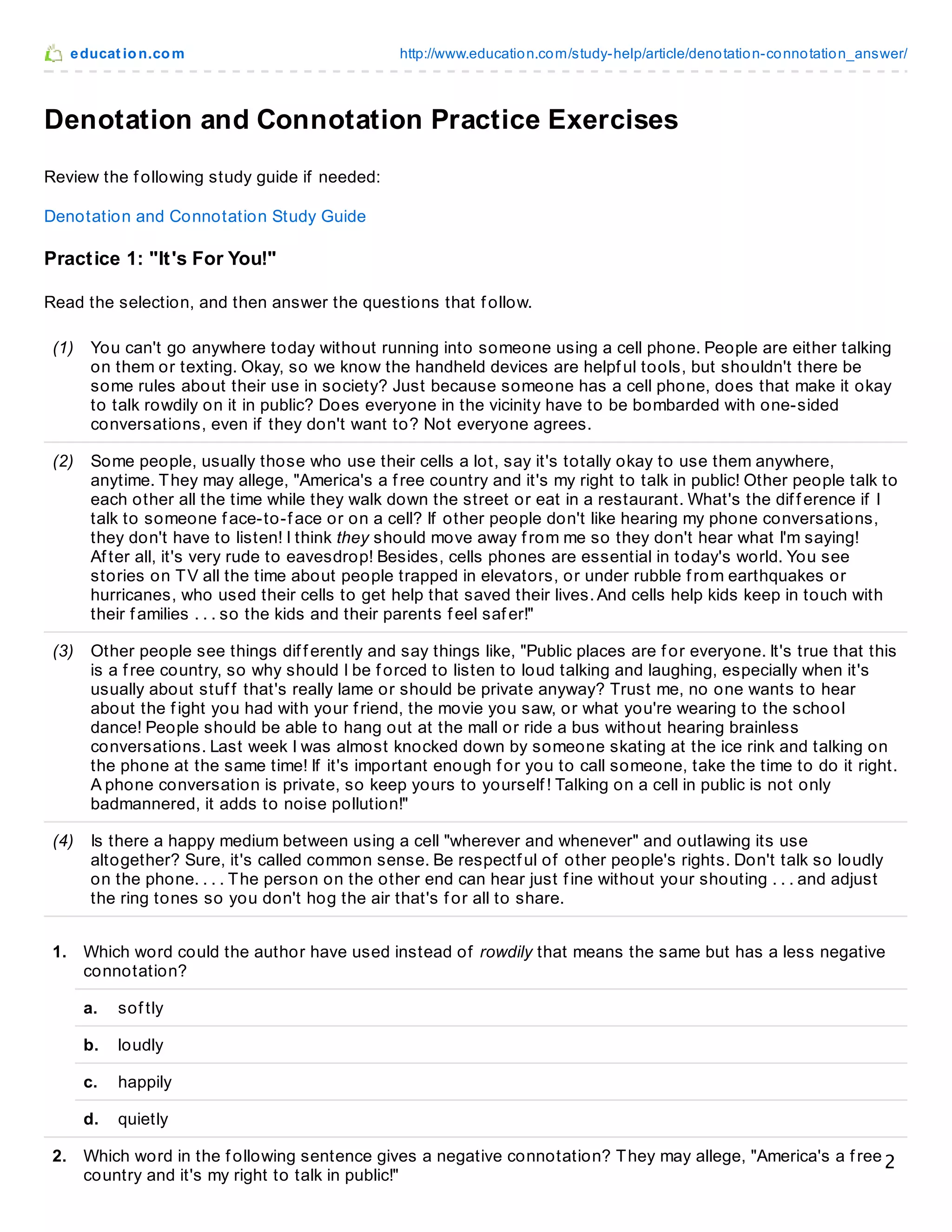 Denotation and Connotation Exercises | PDF