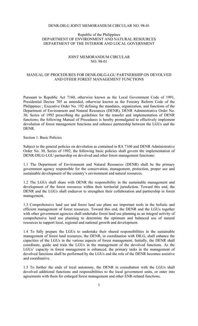 DENR-DILG JOINT MEMORANDUM CIRCULAR NO. 98-01 | PDF
