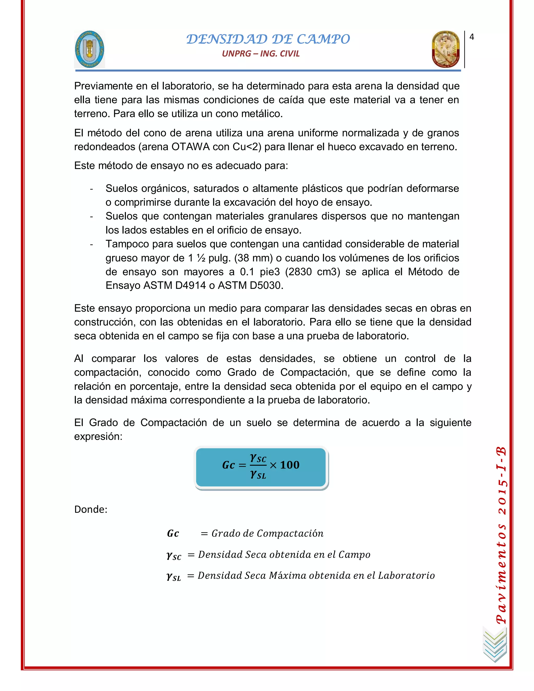 DENSIDAD IN SITU-MÉTODO DEL CONO DE ARENA | PDF