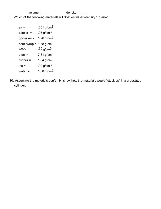 Density worksheet 2 | PDF | Physics | Science