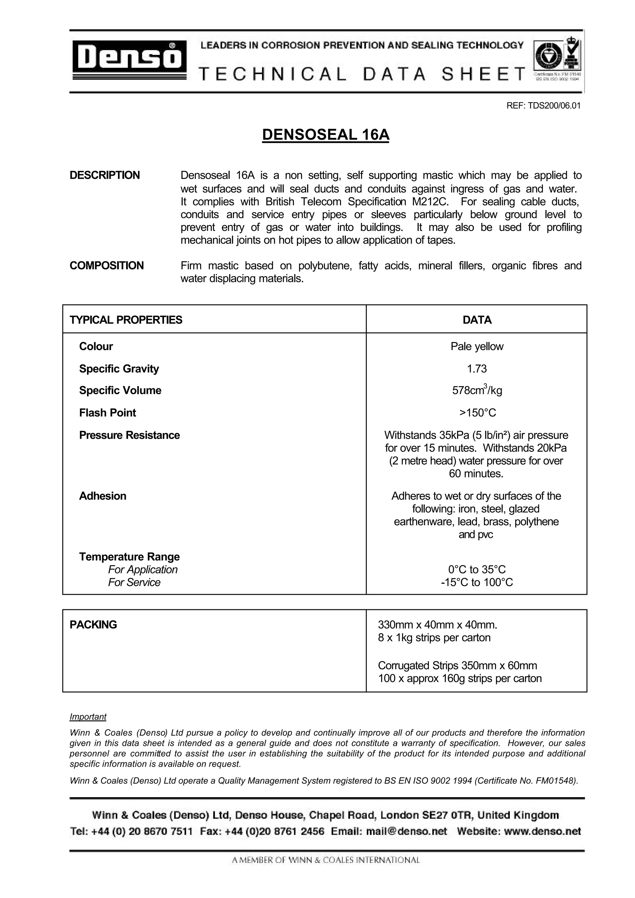 Densoseal 16A Cable Seal - Self-Supporting Non-Setting Mastic | PDF