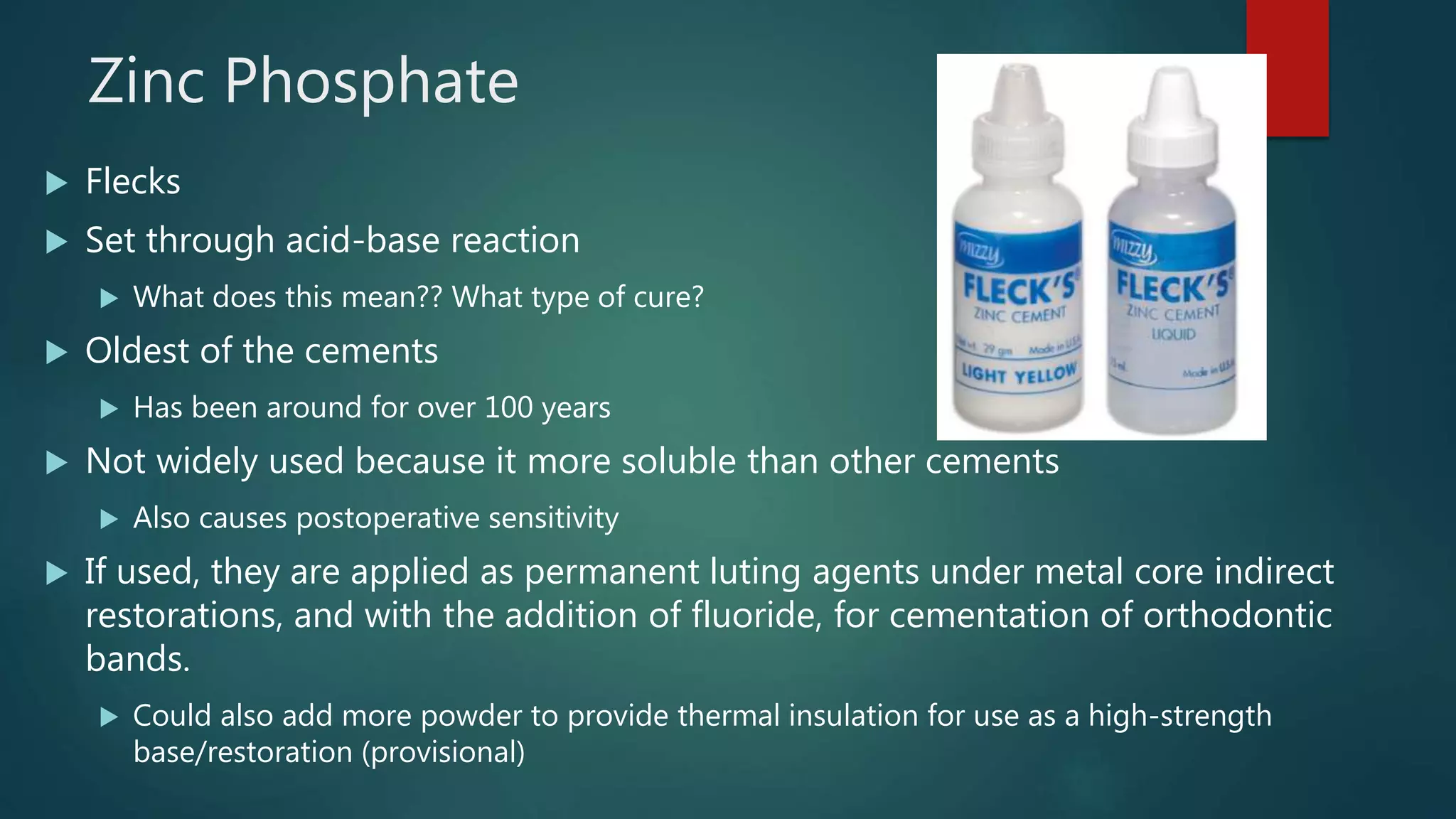 Dental Cements: ZOE, Zinc Phosphate, Polycarboxylate, GIC, Resin-based ...