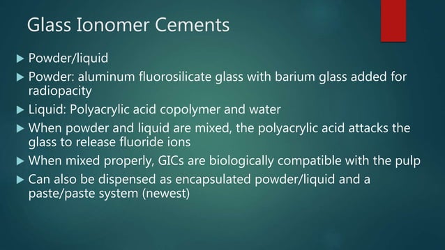 Dental Cements: ZOE, Zinc Phosphate, Polycarboxylate, GIC, Resin-based, Perio Dressing, Calcium ...