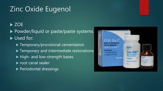 Dental Cements: ZOE, Zinc Phosphate, Polycarboxylate, GIC, Resin-based ...