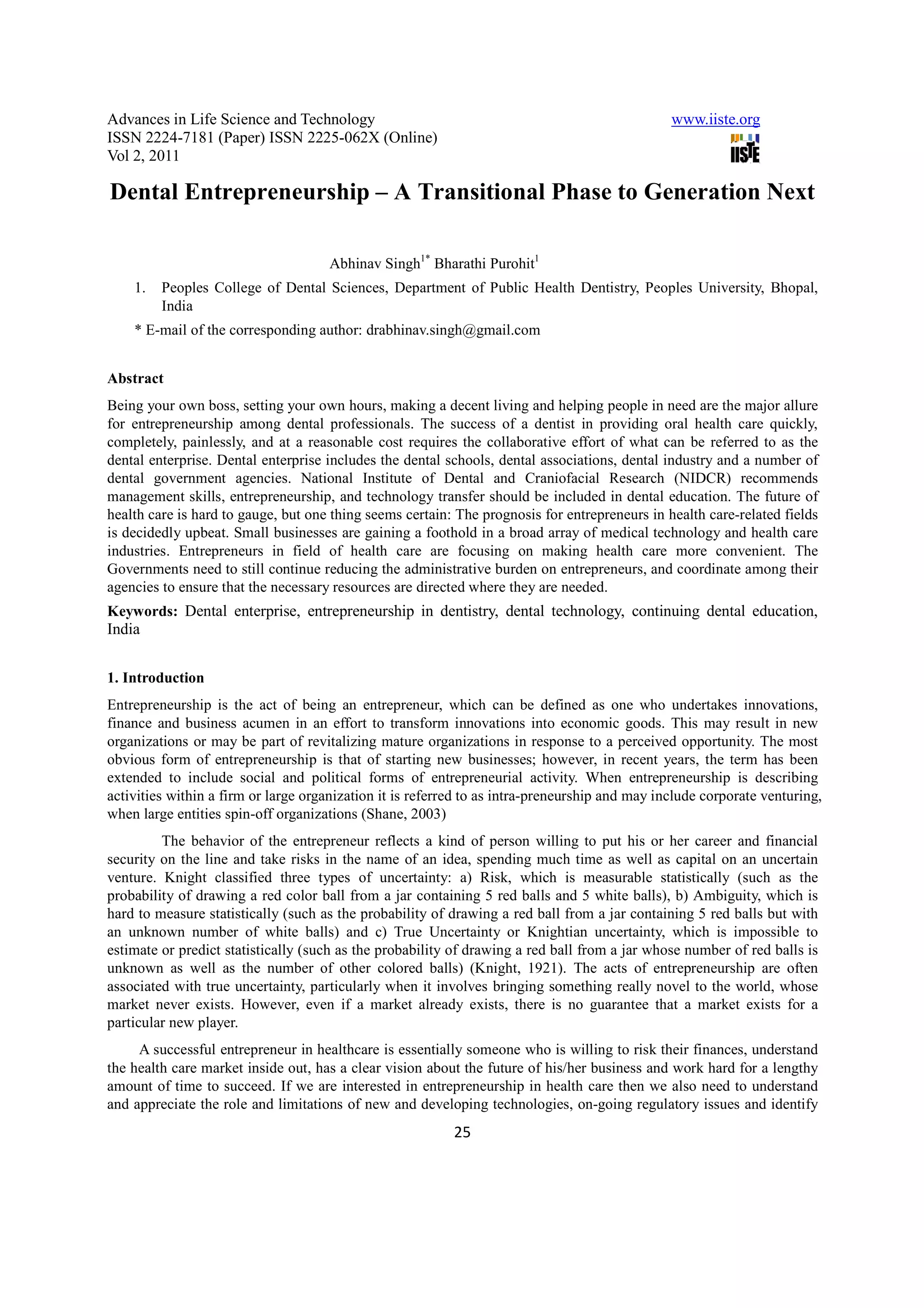 Dental entrepreneurship a transitional phase to generation next | PDF