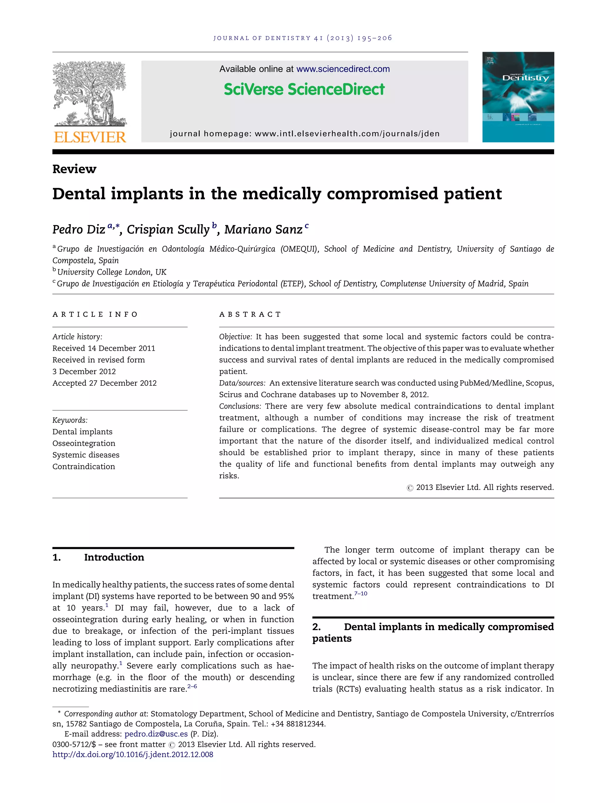Dental implants in the medically compromised patient | PDF