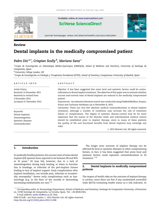 Dental implants in the medically compromised patient | PDF | Dental ...