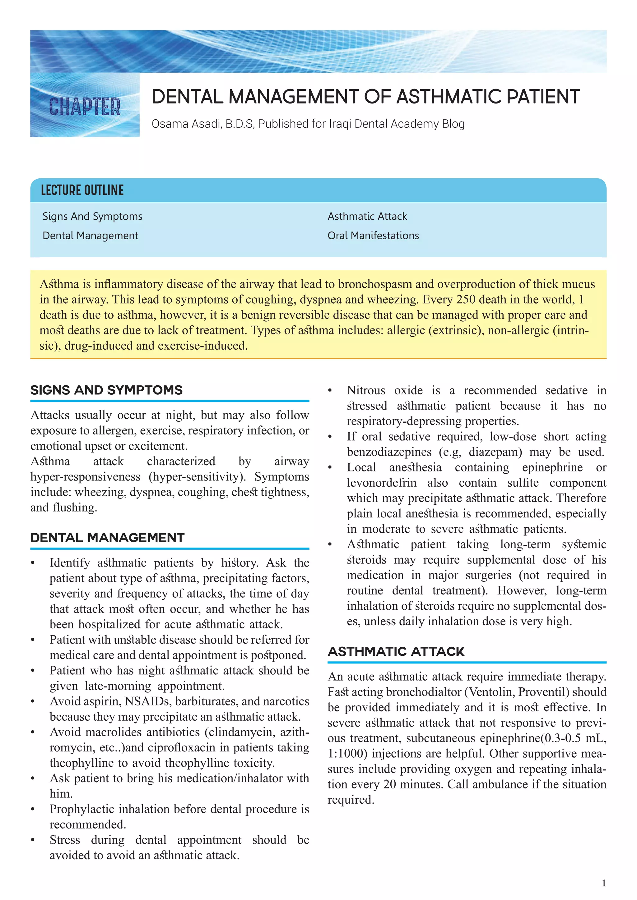 Dental Management of Asthmatic Patient Lecture | PDF