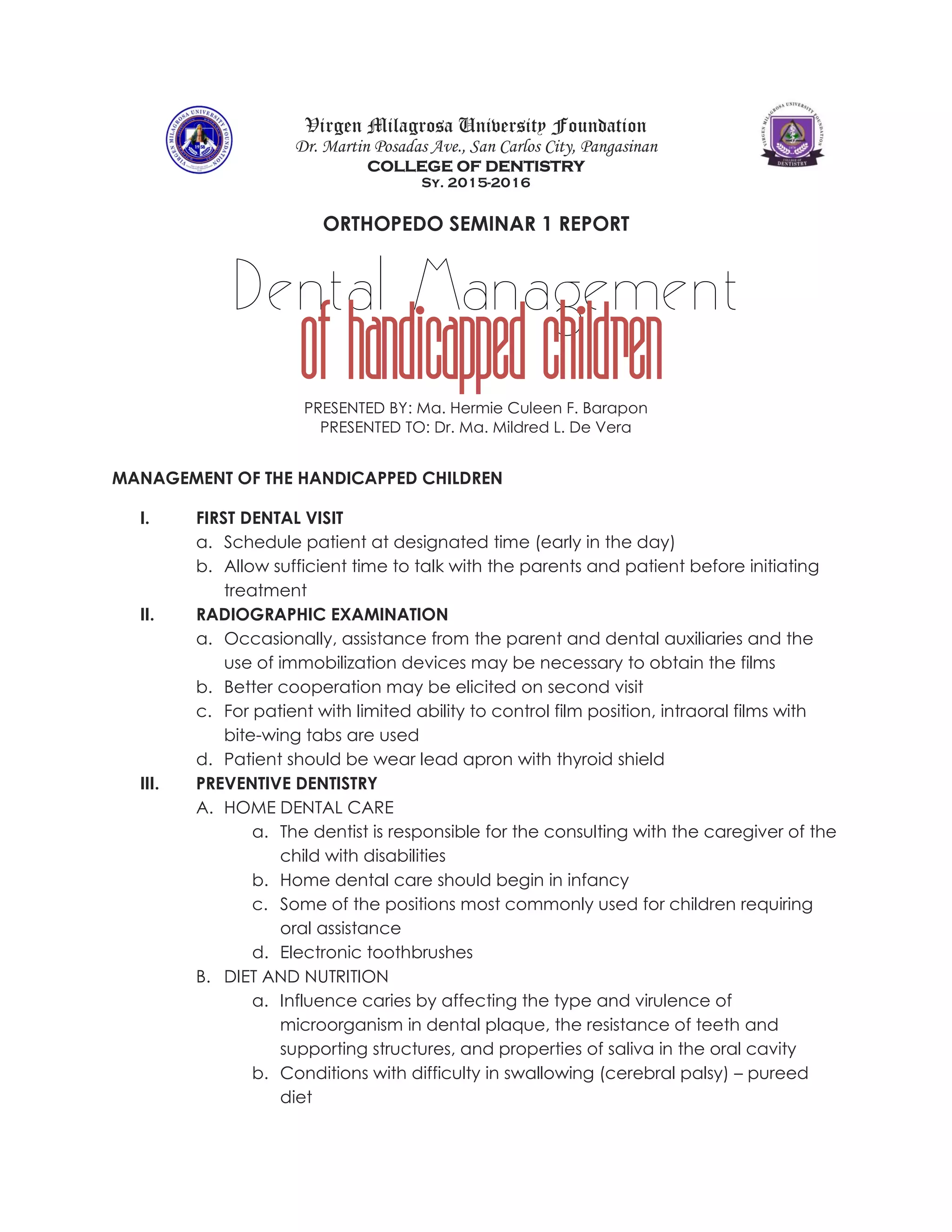 Dental management of handicapped children | PDF