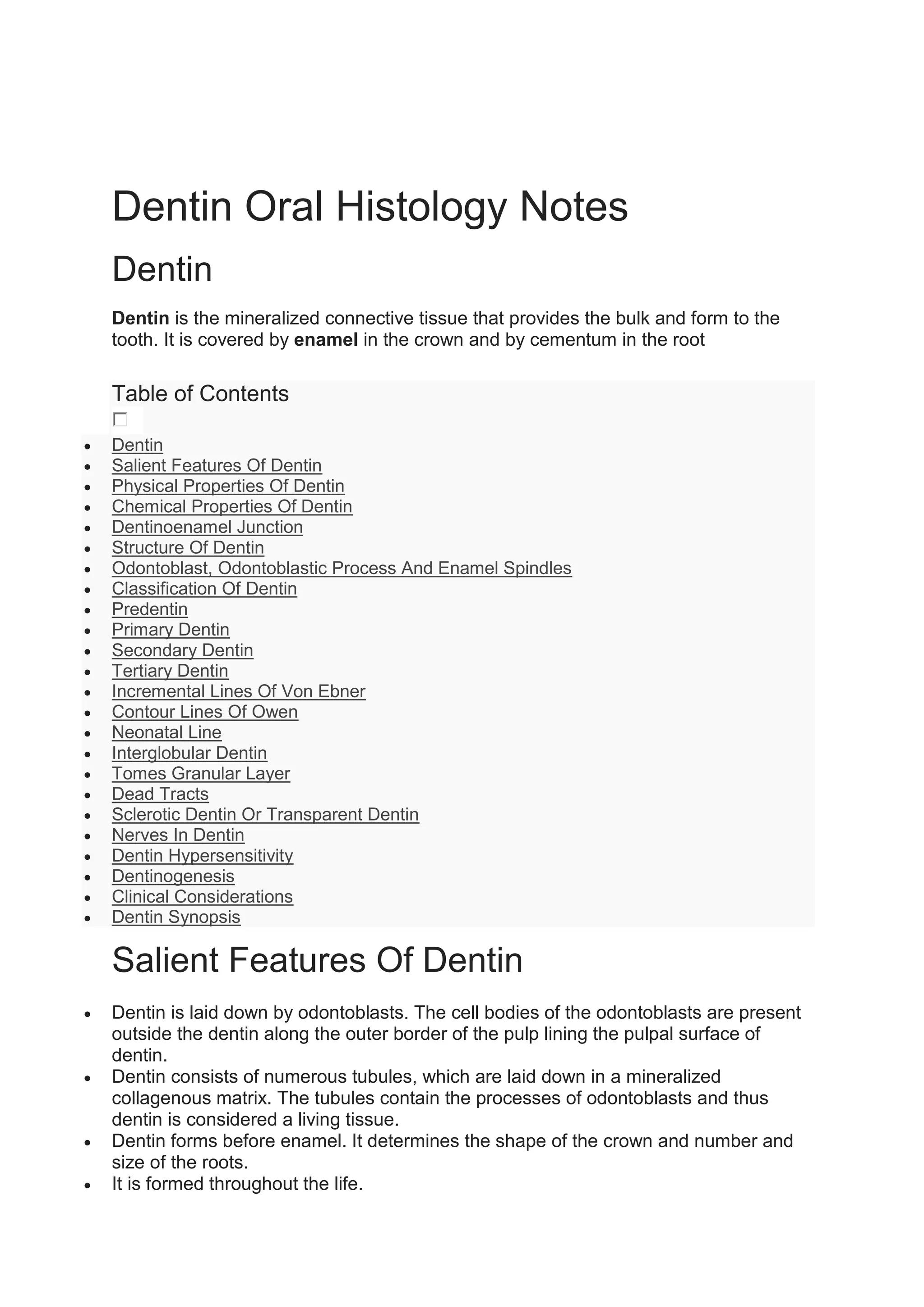 Dentin Oral Histology Notes Dentin Salient Features Of Dentin | DOCX