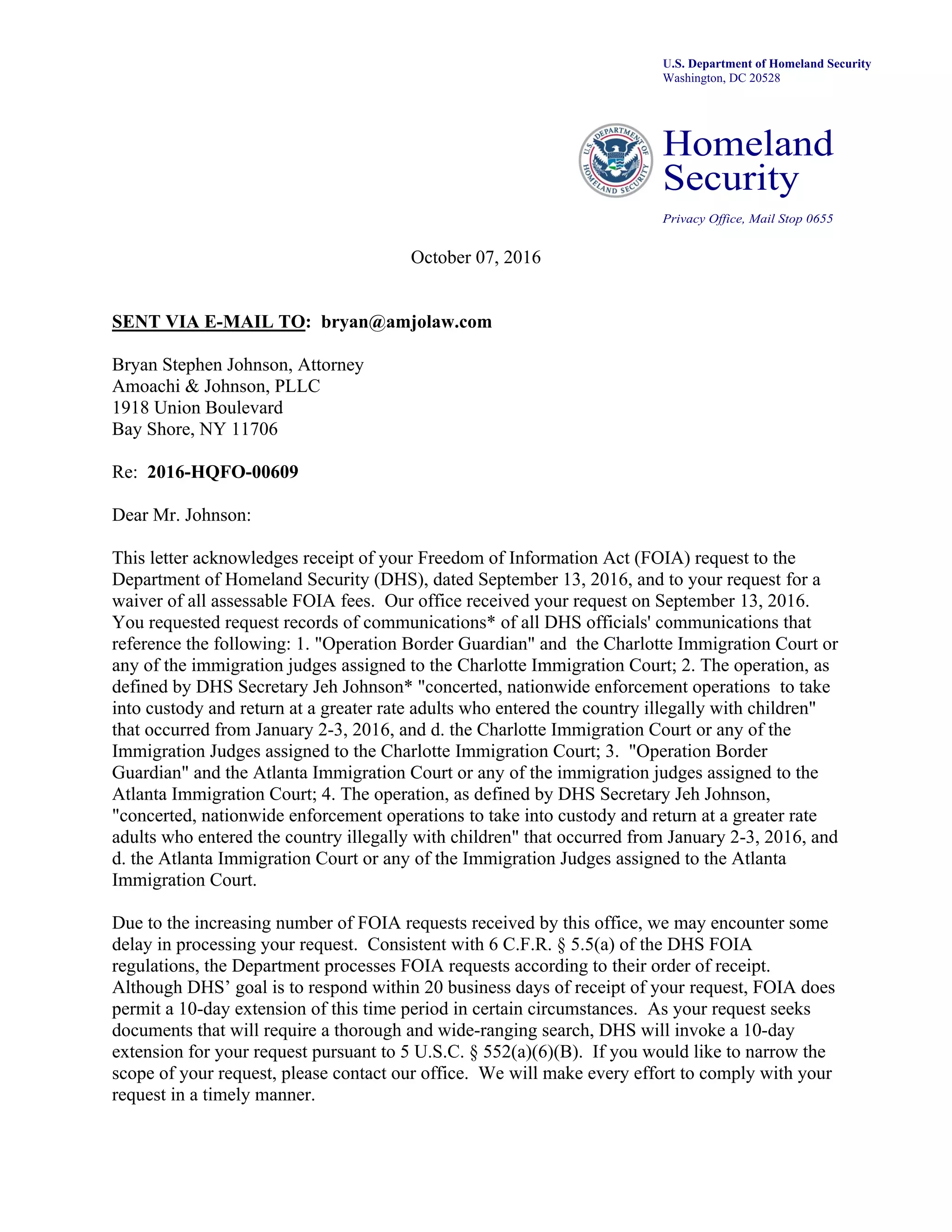 Department of homeland security foia 2016 hqfo-00609 acknowledgment | PDF