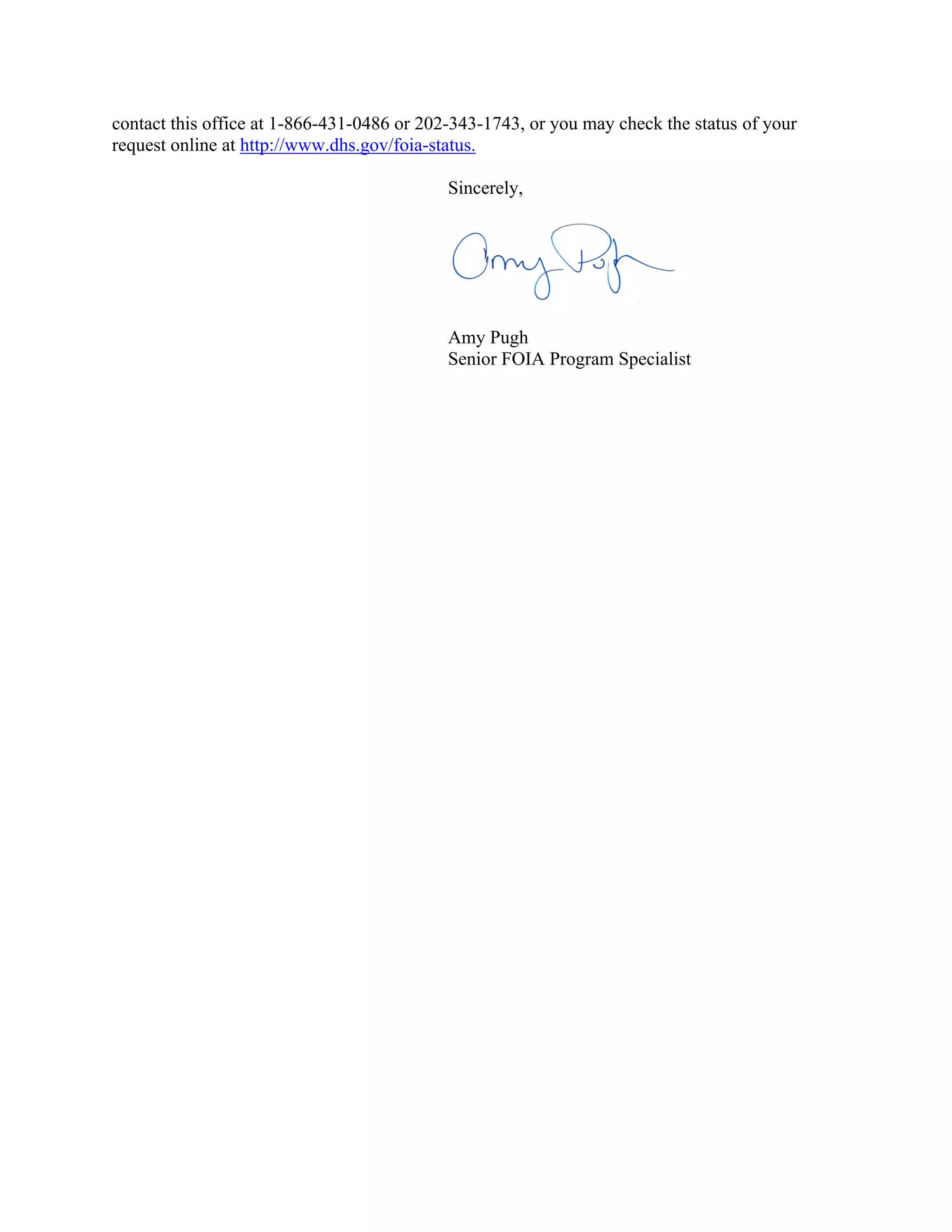 Department of homeland security foia 2016 hqfo-00609 acknowledgment | PDF