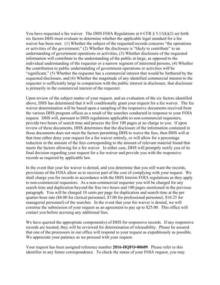 Department of homeland security foia 2016 hqfo-00609 acknowledgment ...