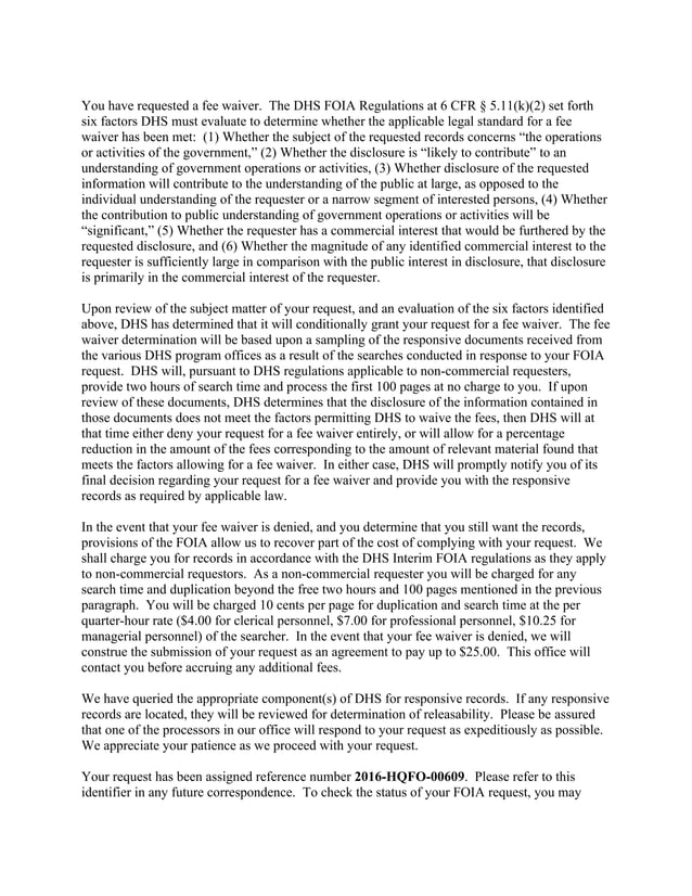 Department of homeland security foia 2016 hqfo-00609 acknowledgment | PDF