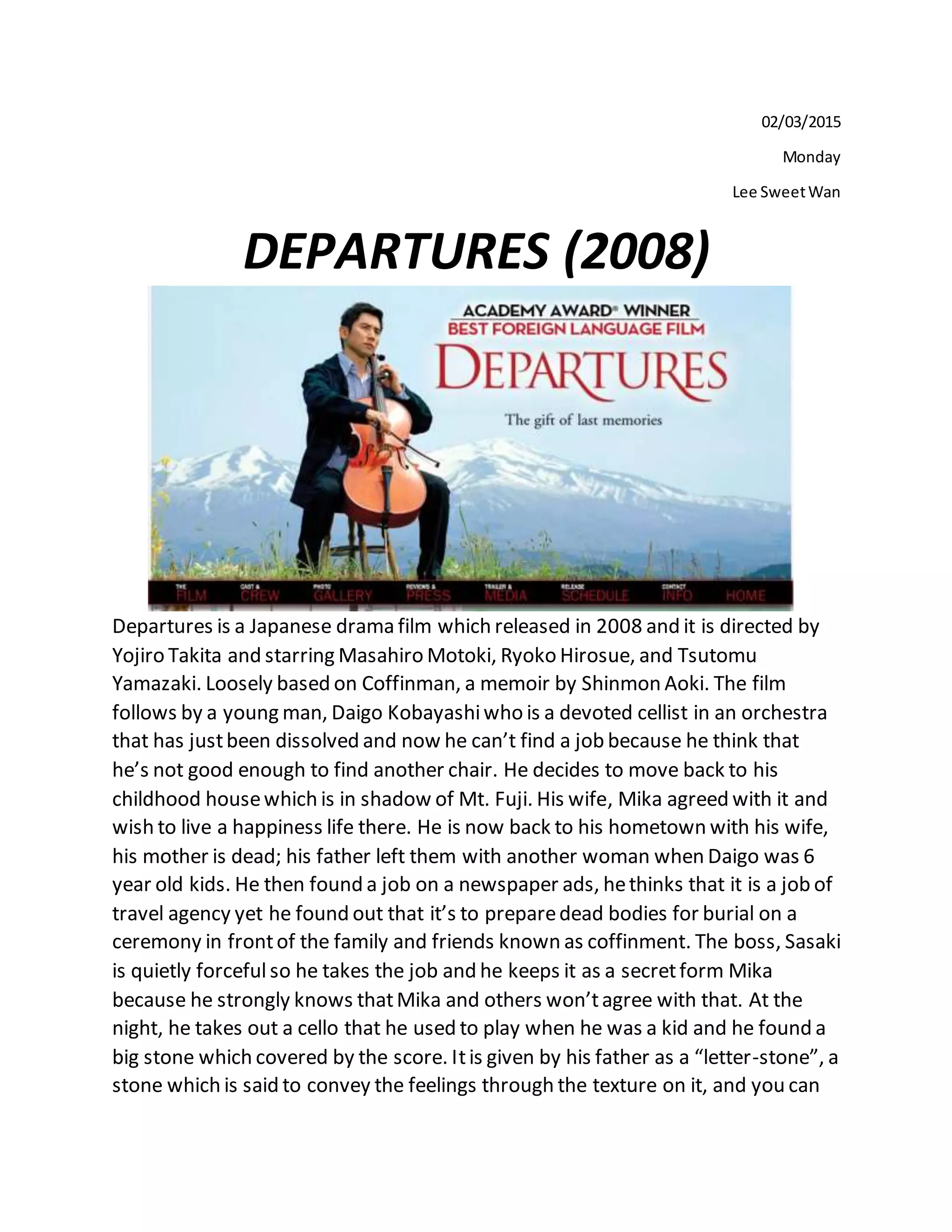 Departures 2008 yojiro takita | DOCX