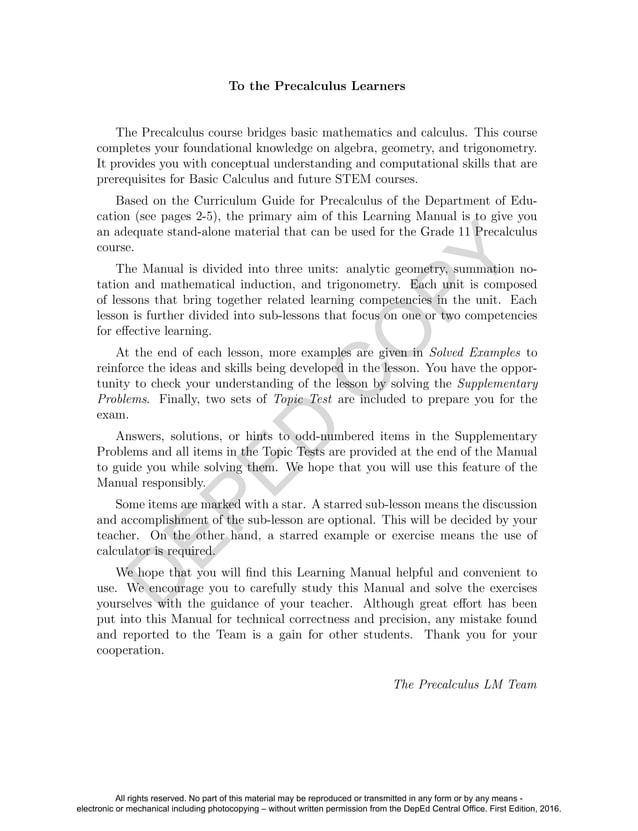 Pre calculus Grade 11 Learner's Module Senior High School | PDF