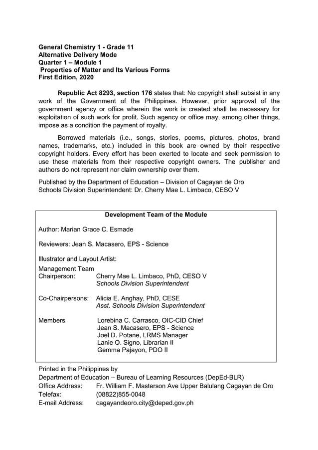 DepEd SHS STEM General Chemistry Modules Quarters 1-2 by CDO | PDF ...