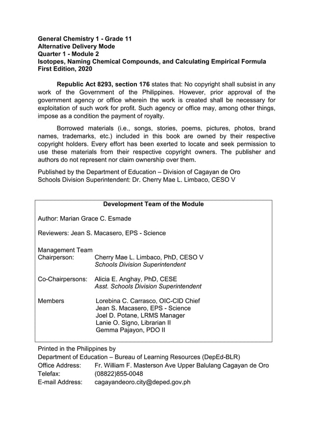 DepEd SHS STEM General Chemistry Modules Quarters 1-2 by CDO | PDF ...