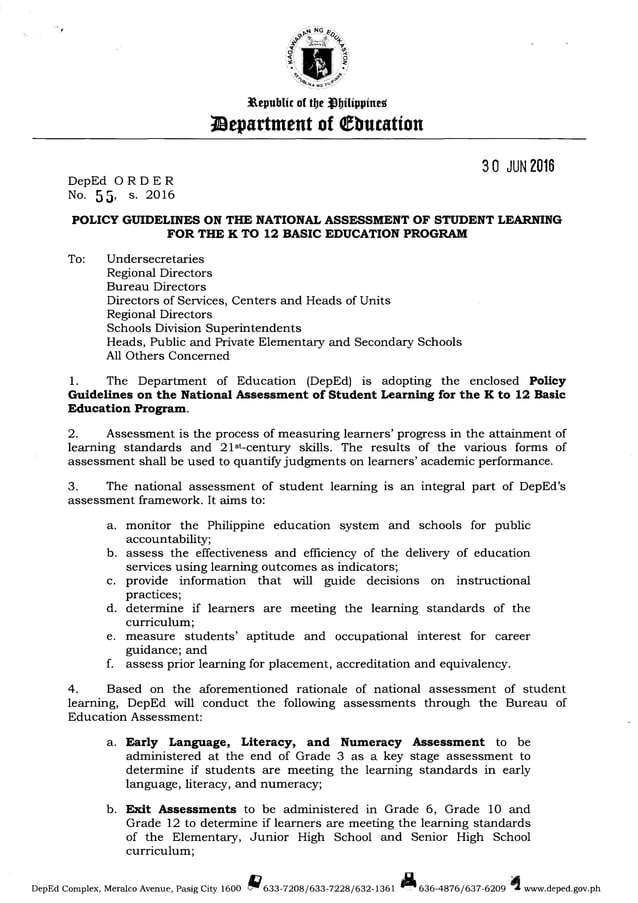 Dep ed order do-s2016_55 k-12 assessment policy | PDF