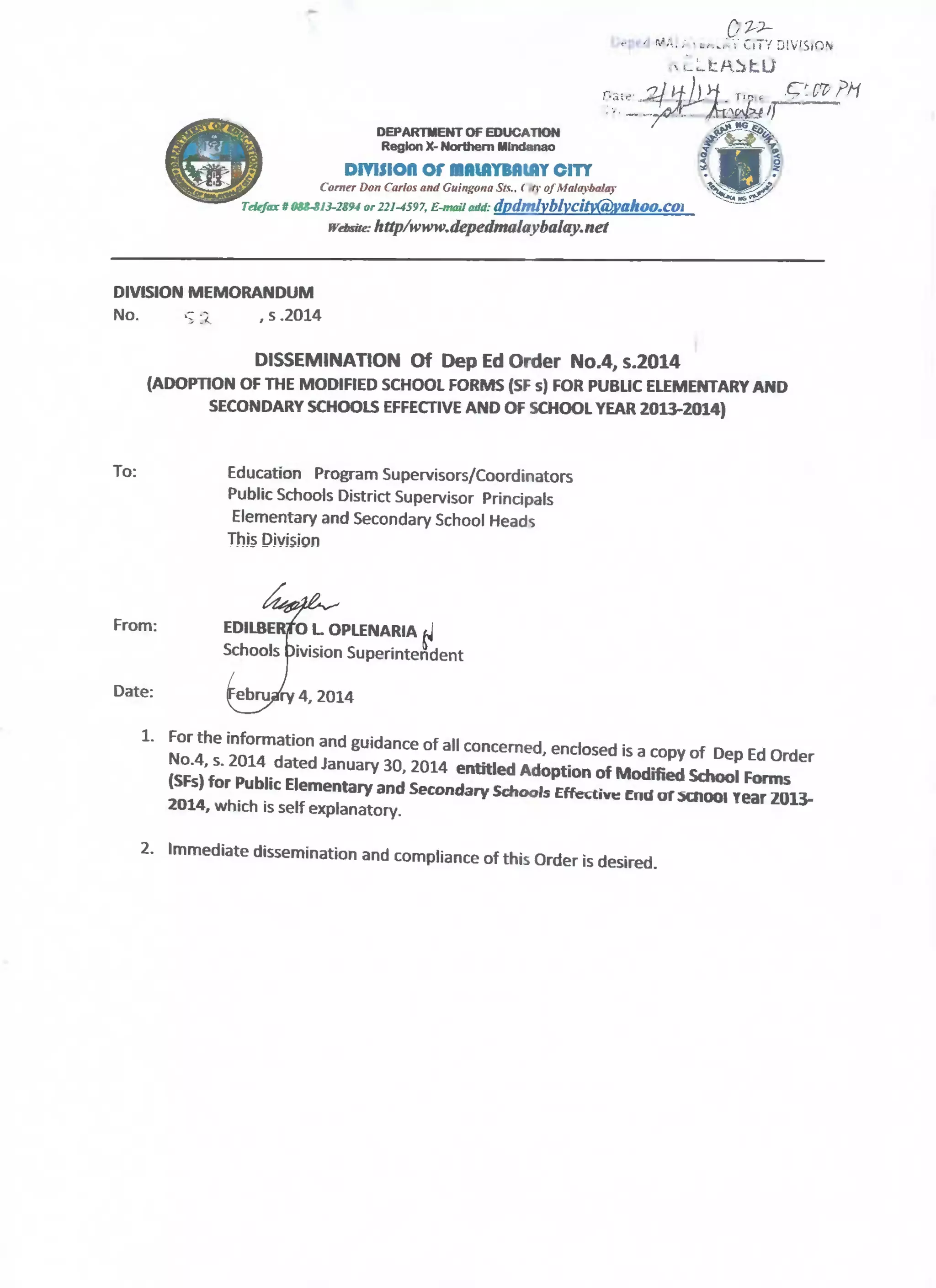 Deped order no.4,s2014 modified school forms | PDF