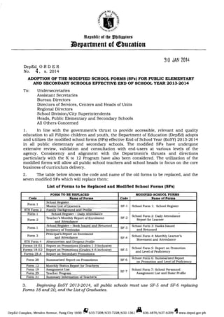 Deped order no.4,s2014 modified school forms | PDF