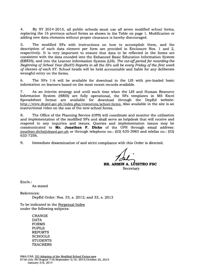 Deped order no.4,s2014 modified school forms | PDF