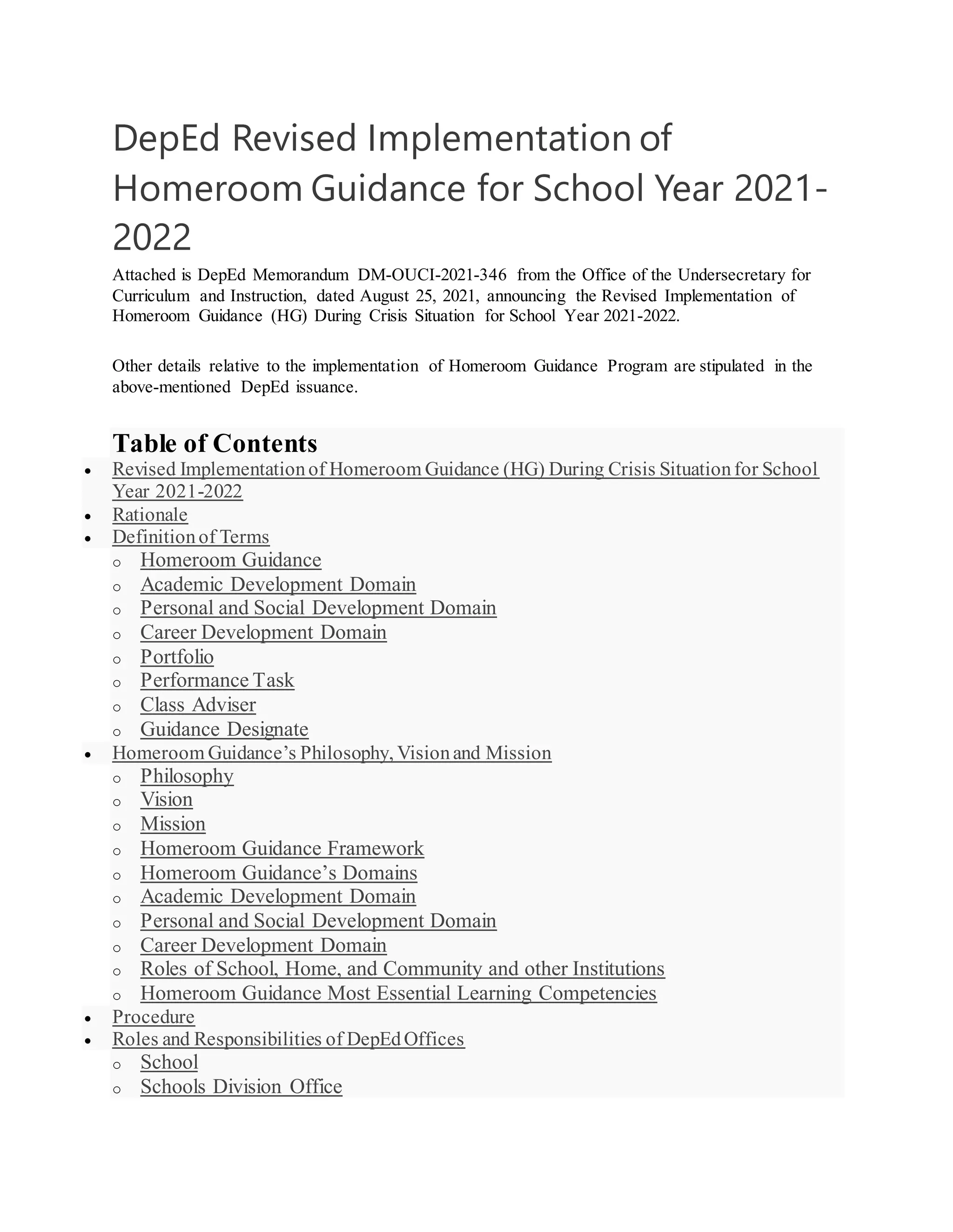 Dep ed revised implementation of homeroom guidance for school year 2021 | DOCX