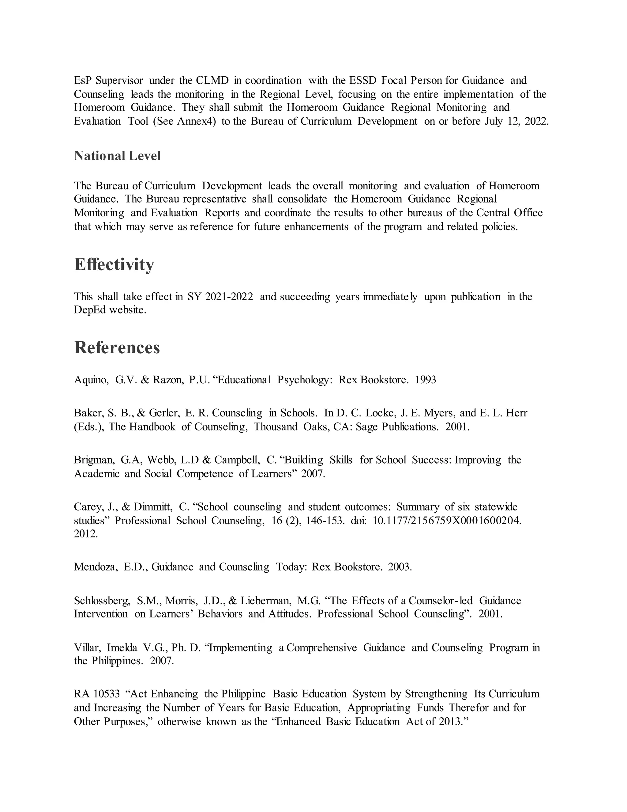 Dep ed revised implementation of homeroom guidance for school year 2021 | DOCX