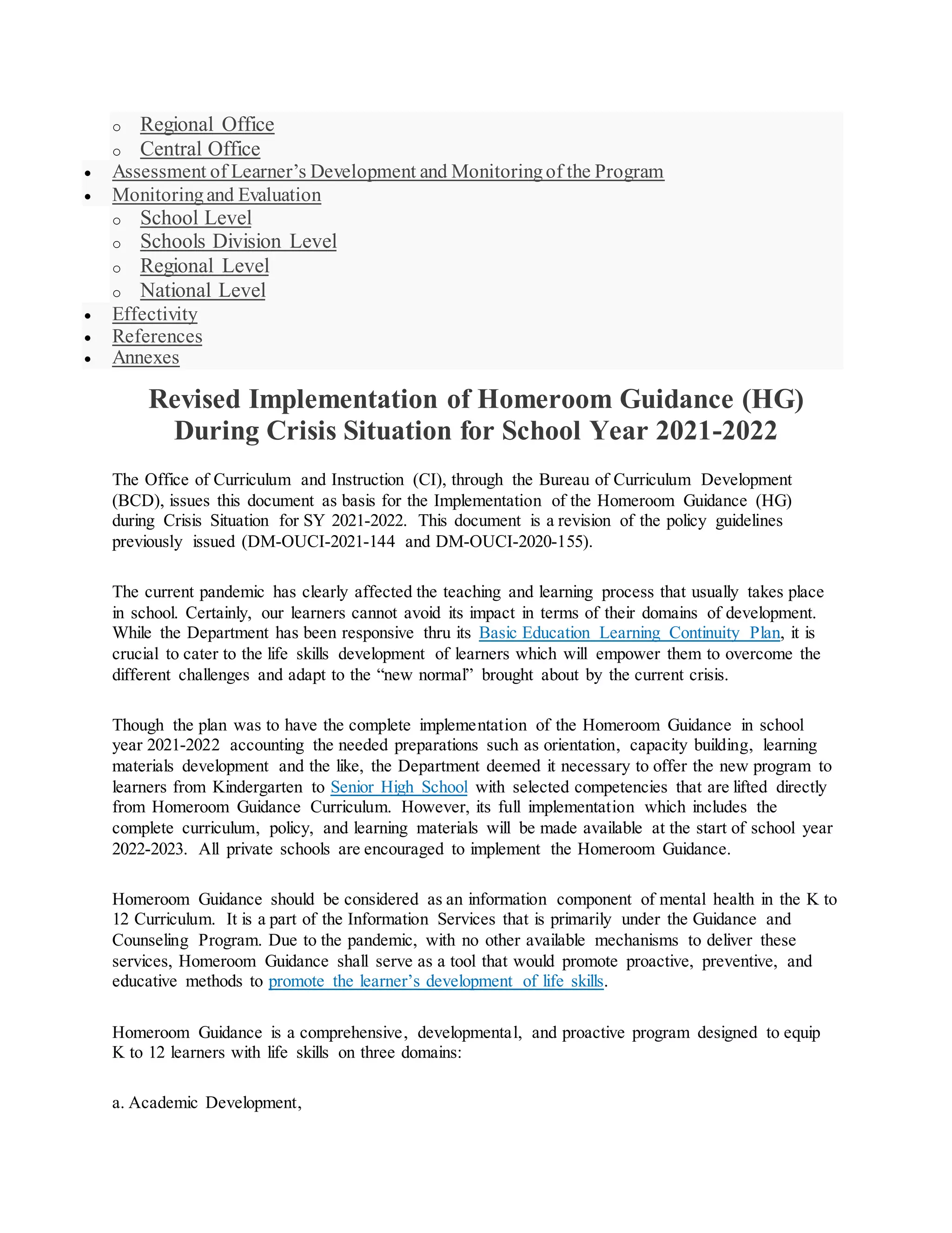 Dep ed revised implementation of homeroom guidance for school year 2021 | DOCX
