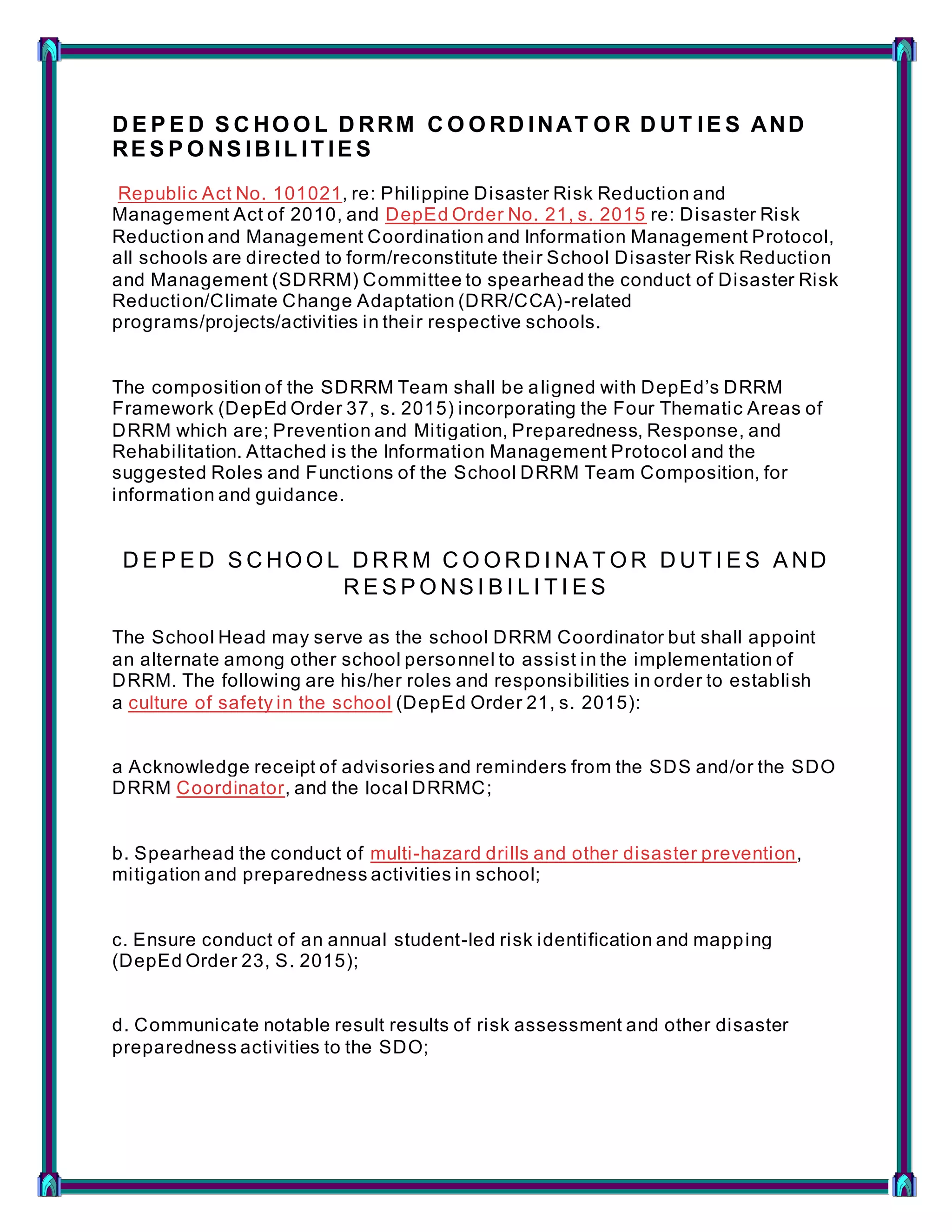 Deped school drrm coordinator duties and responsibilities | DOCX