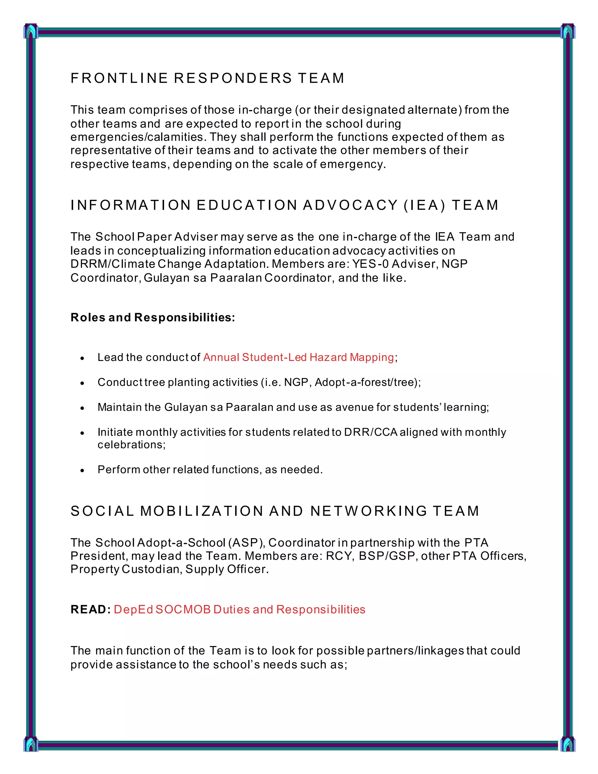 Deped school drrm coordinator duties and responsibilities | DOCX