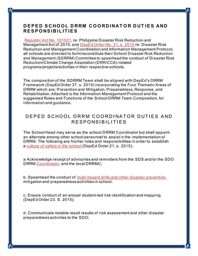 Deped school drrm coordinator duties and responsibilities Deped school drrm coordinator duties and responsibilities
