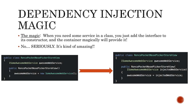 Dependency Injection Lightning Talk | PPTX | Programming Languages | Computing