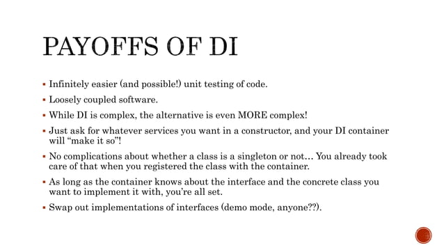Dependency Injection Lightning Talk | PPTX | Programming Languages | Computing