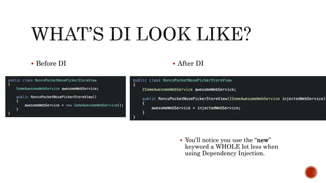 Dependency Injection Lightning Talk | PPTX | Programming Languages | Computing