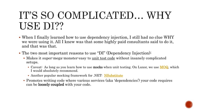Dependency Injection Lightning Talk | PPTX | Programming Languages | Computing