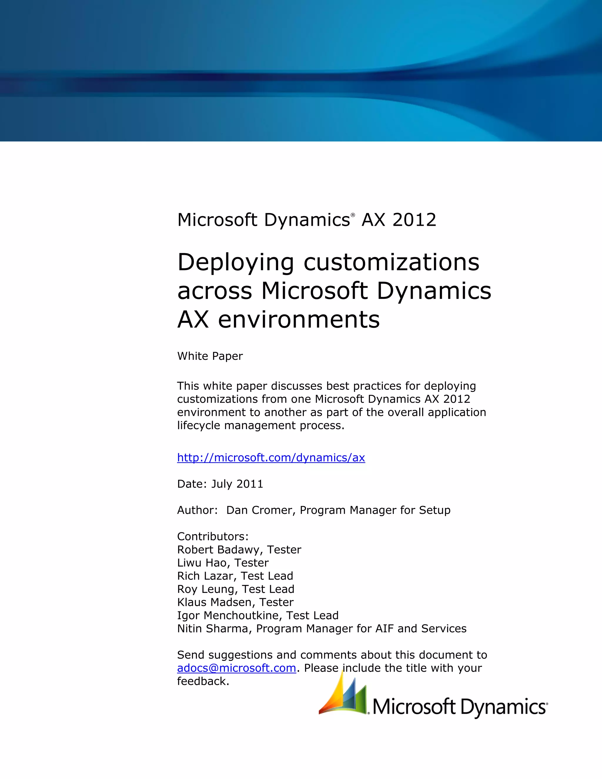 Deploying Customizations Across Microsoft Dynamics Ax 2012 Environments