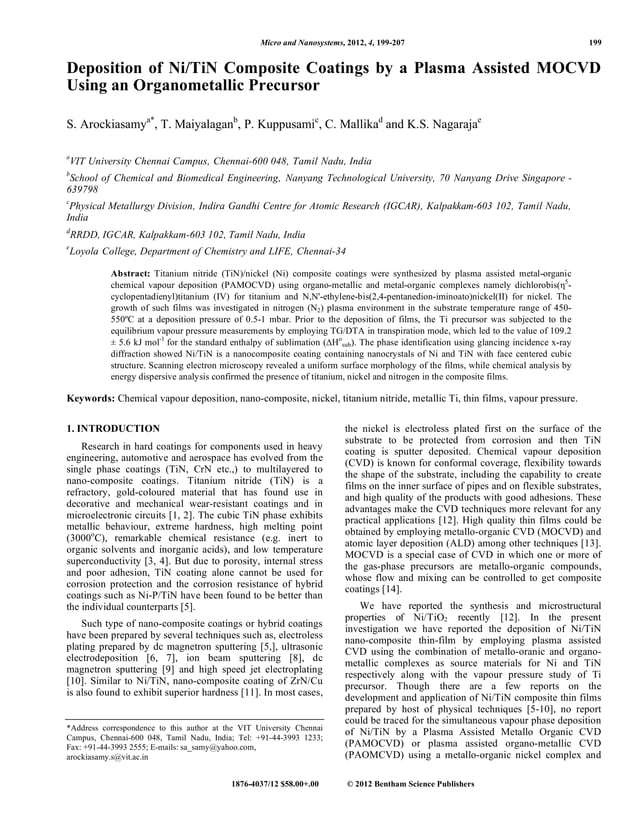 Deposition of ni ti n coatings by a plasma assisted mocvd using an organometallic precursor | PDF