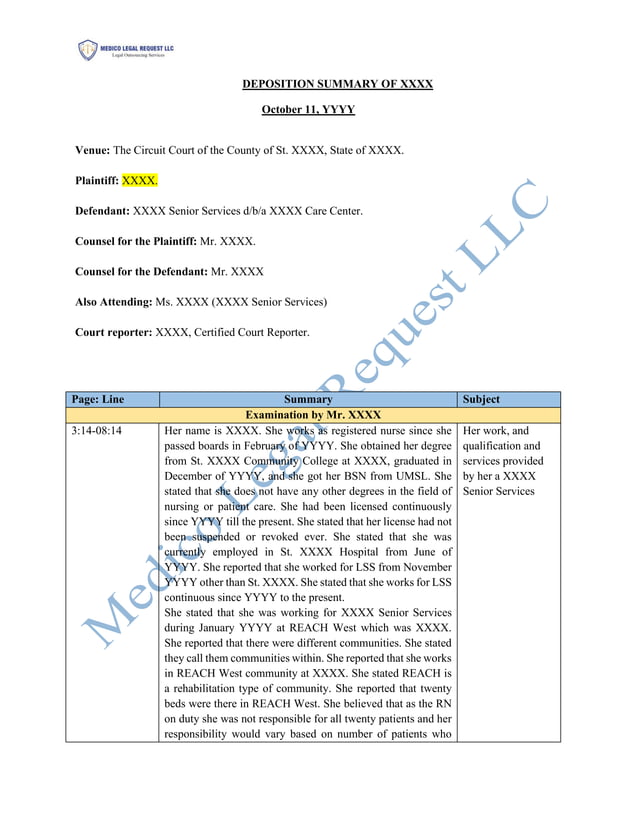 Deposition Summary Sample - Litigation Support Services | PDF