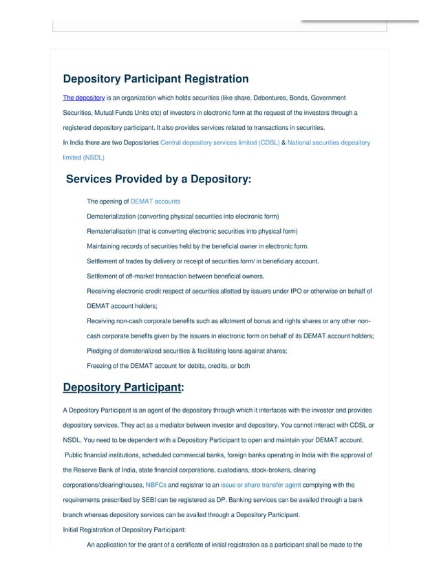 Depository Participant Registration | PDF