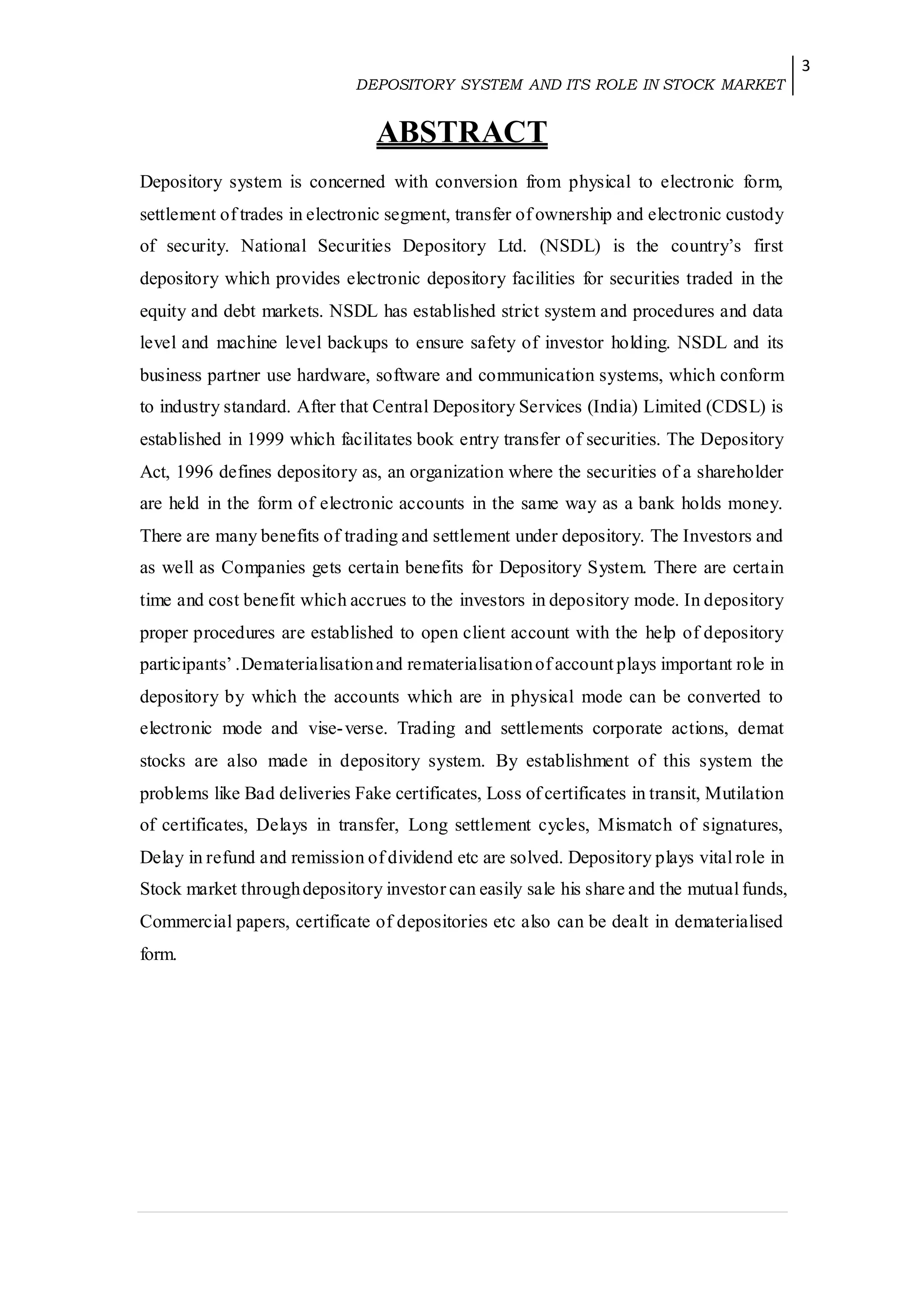 Depository system and its role in stock market | DOCX