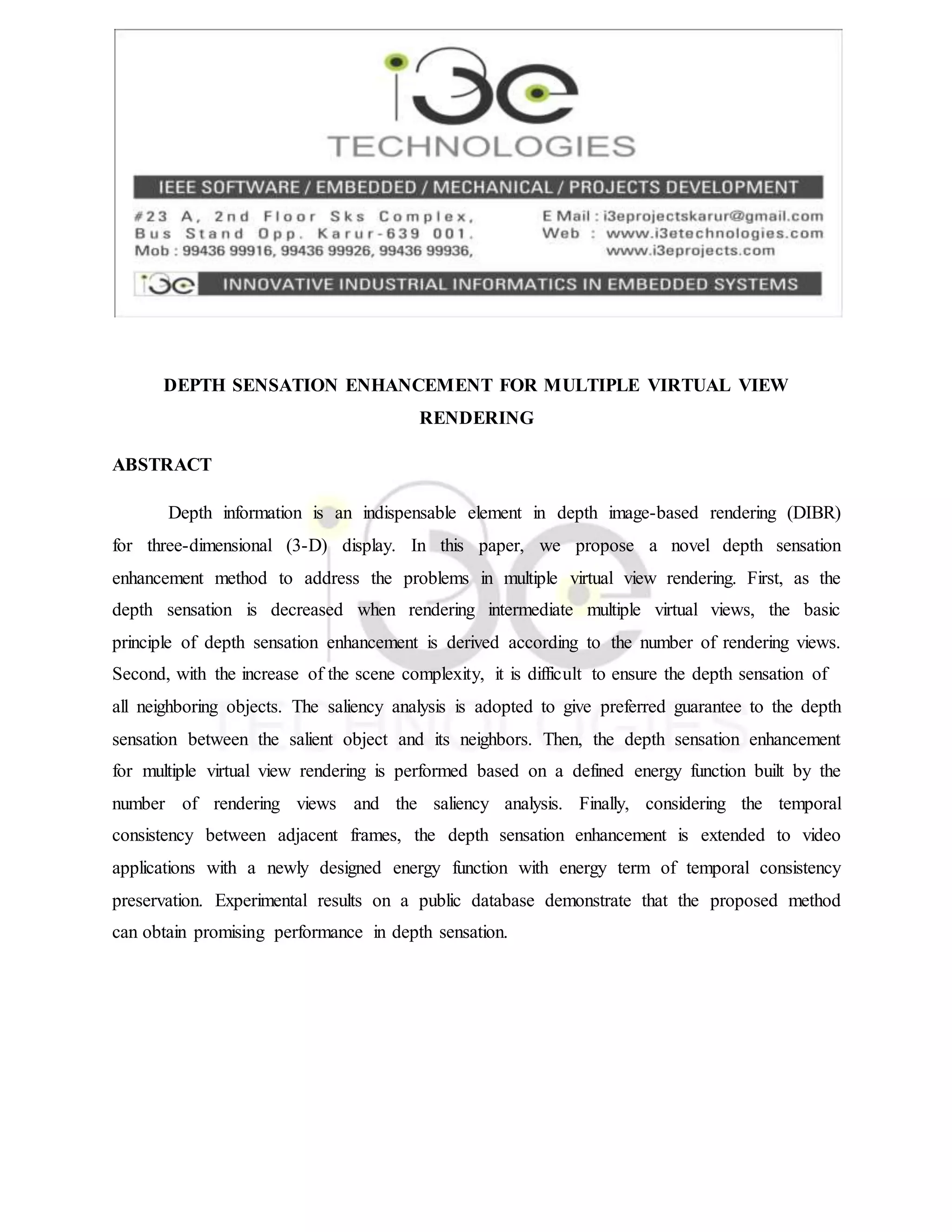 Depth sensation enhancement for multiple virtual view rendering | DOCX | 3-D Graphics | Computer ...