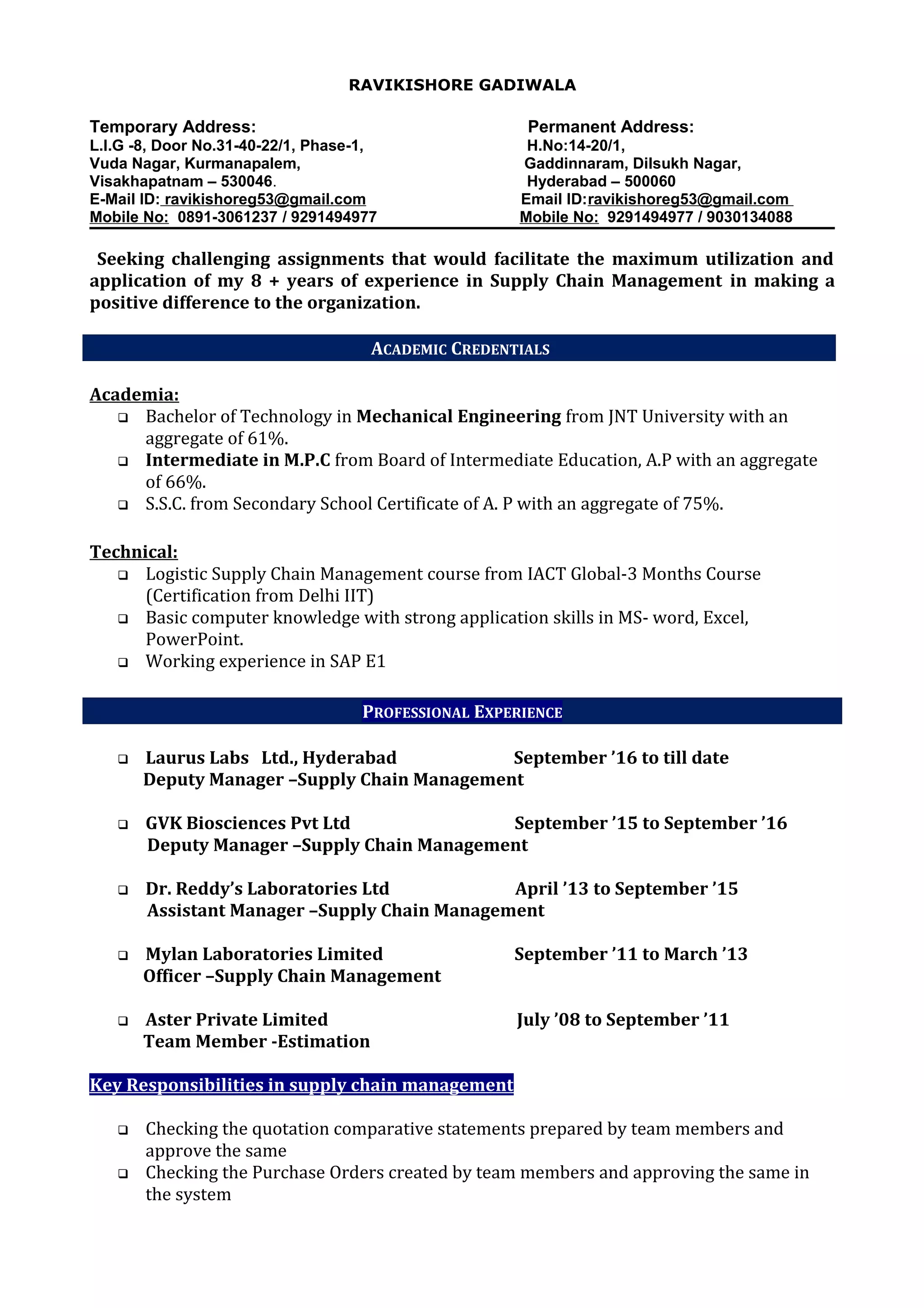 Deputy Manager Ravikishore Resume | DOC