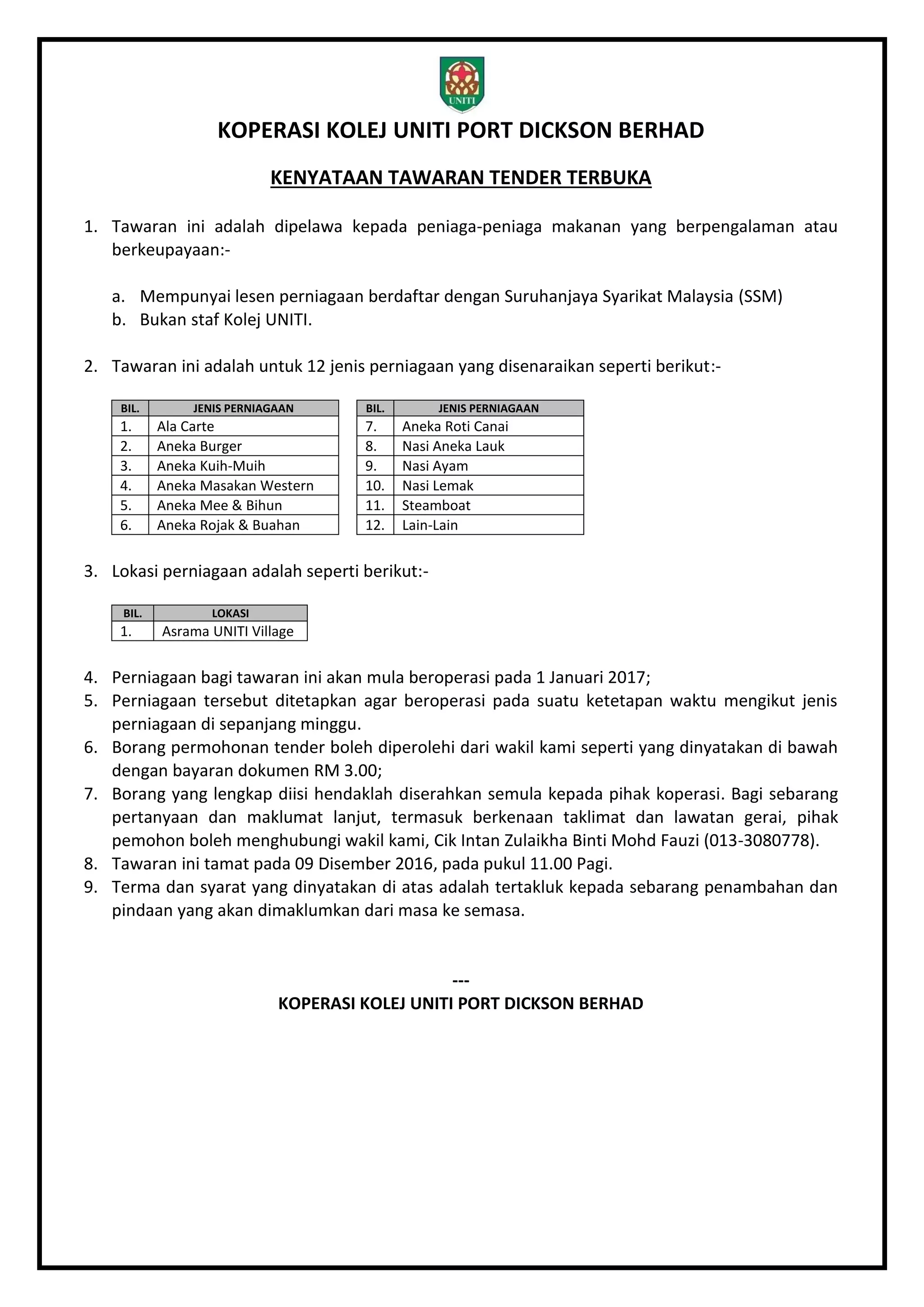 Notis Kenyataan Tender Terbuka KKUPDB | PDF