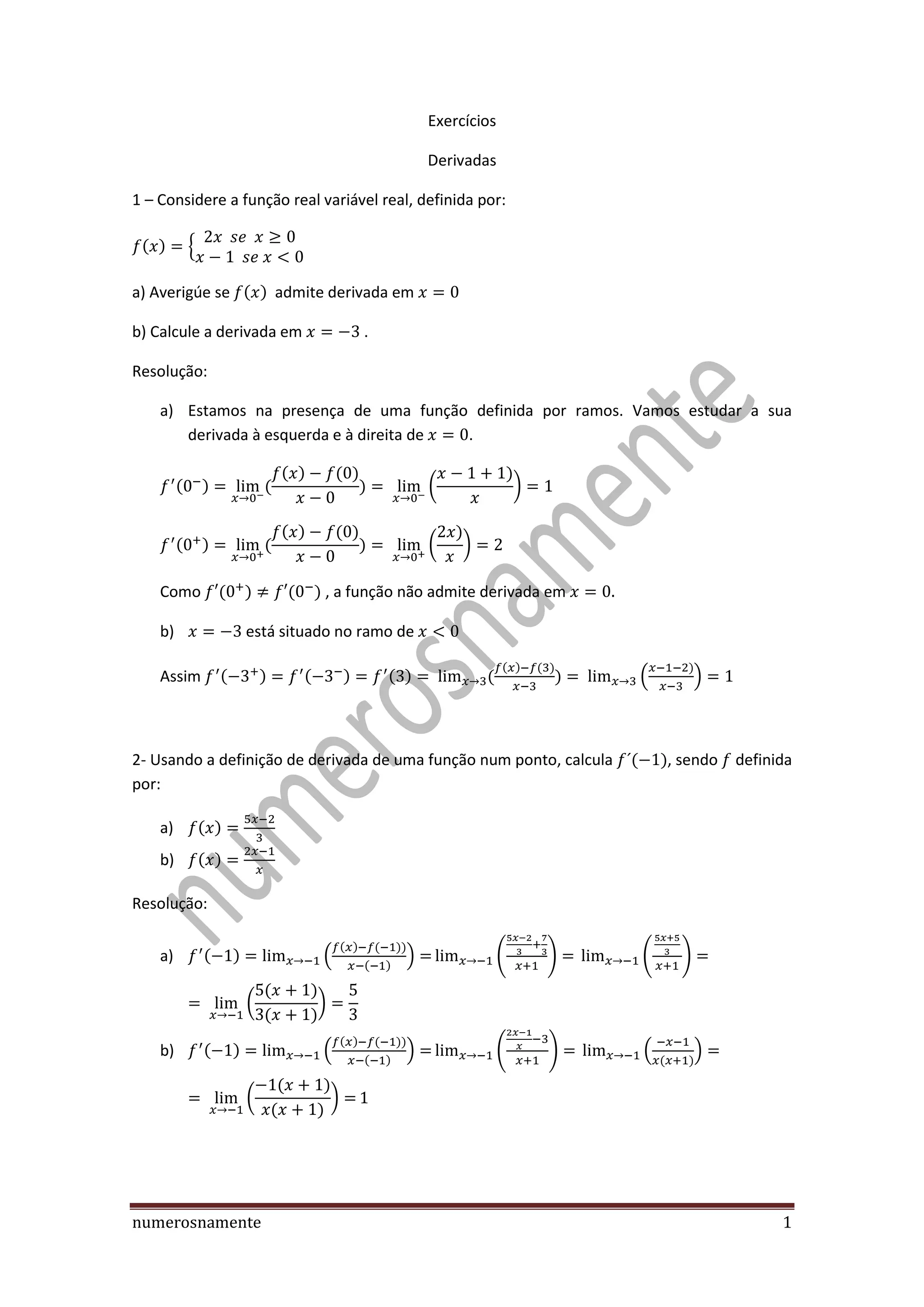 Derivadas - Exercícios resolvidos | PDF