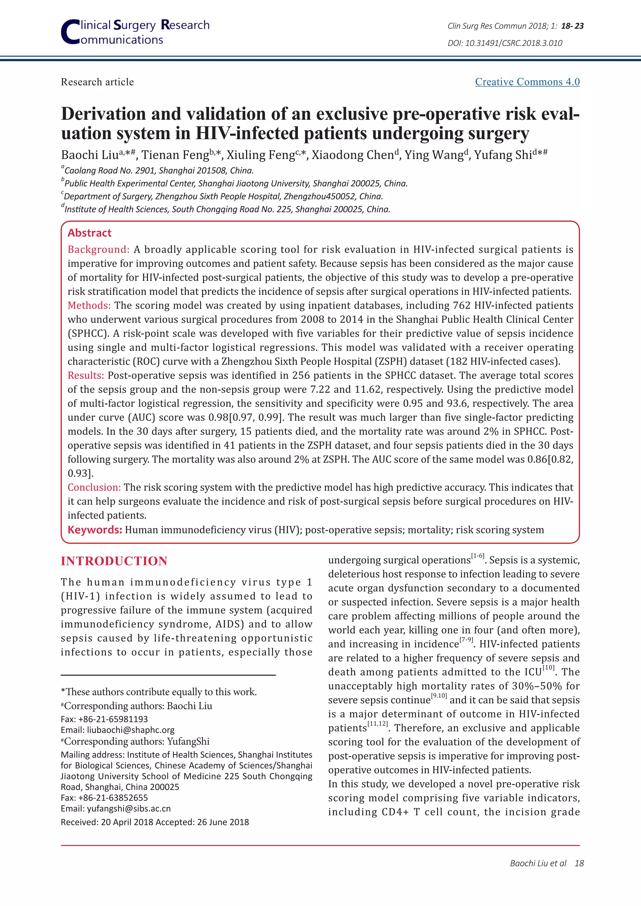 Derivation And Validation Of An Exclusive Pre Operative Risk Evaluation System In Hiv Infected