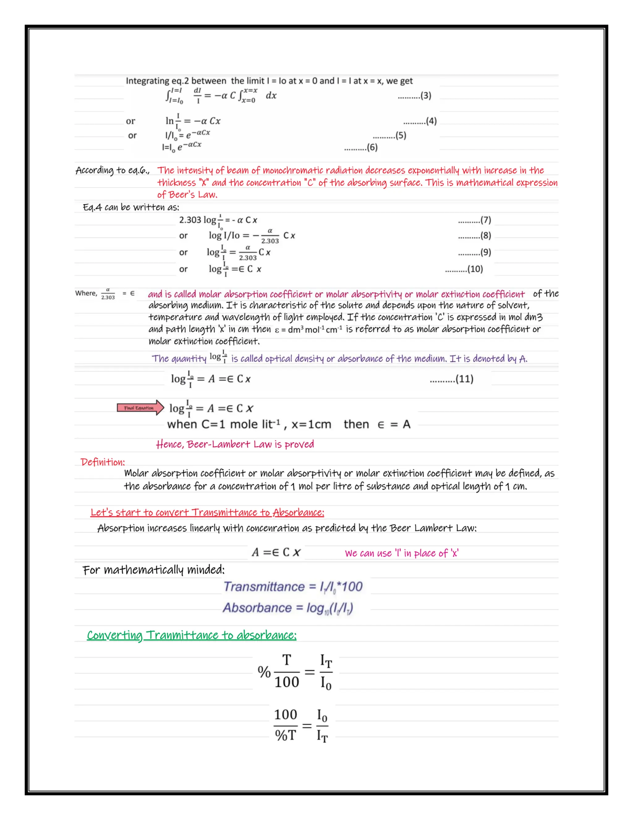 Derivation of Beer-Lambert Law and Conversion of Transmittance to ...