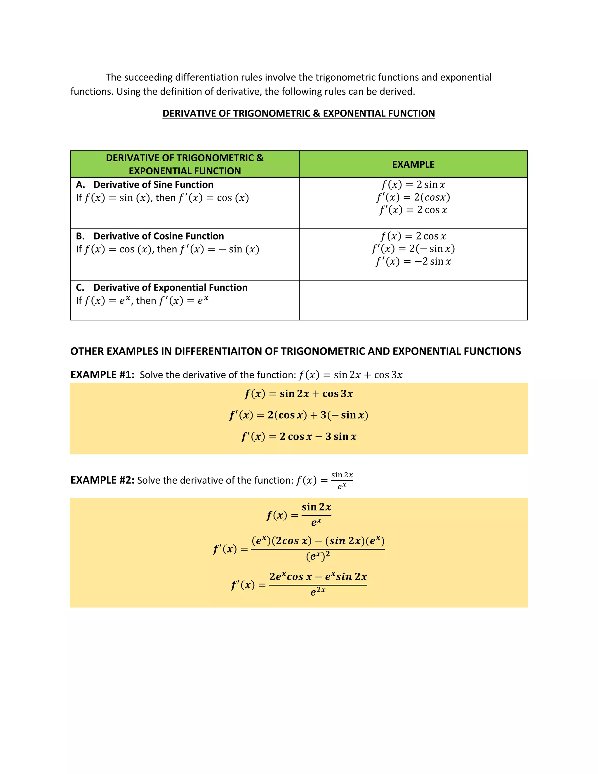 Derivatives of trigo and exponential functions module5 | PDF