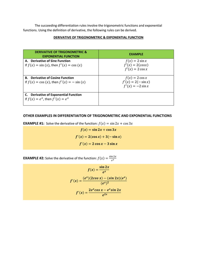 Derivatives of trigo and exponential functions module5 | PDF