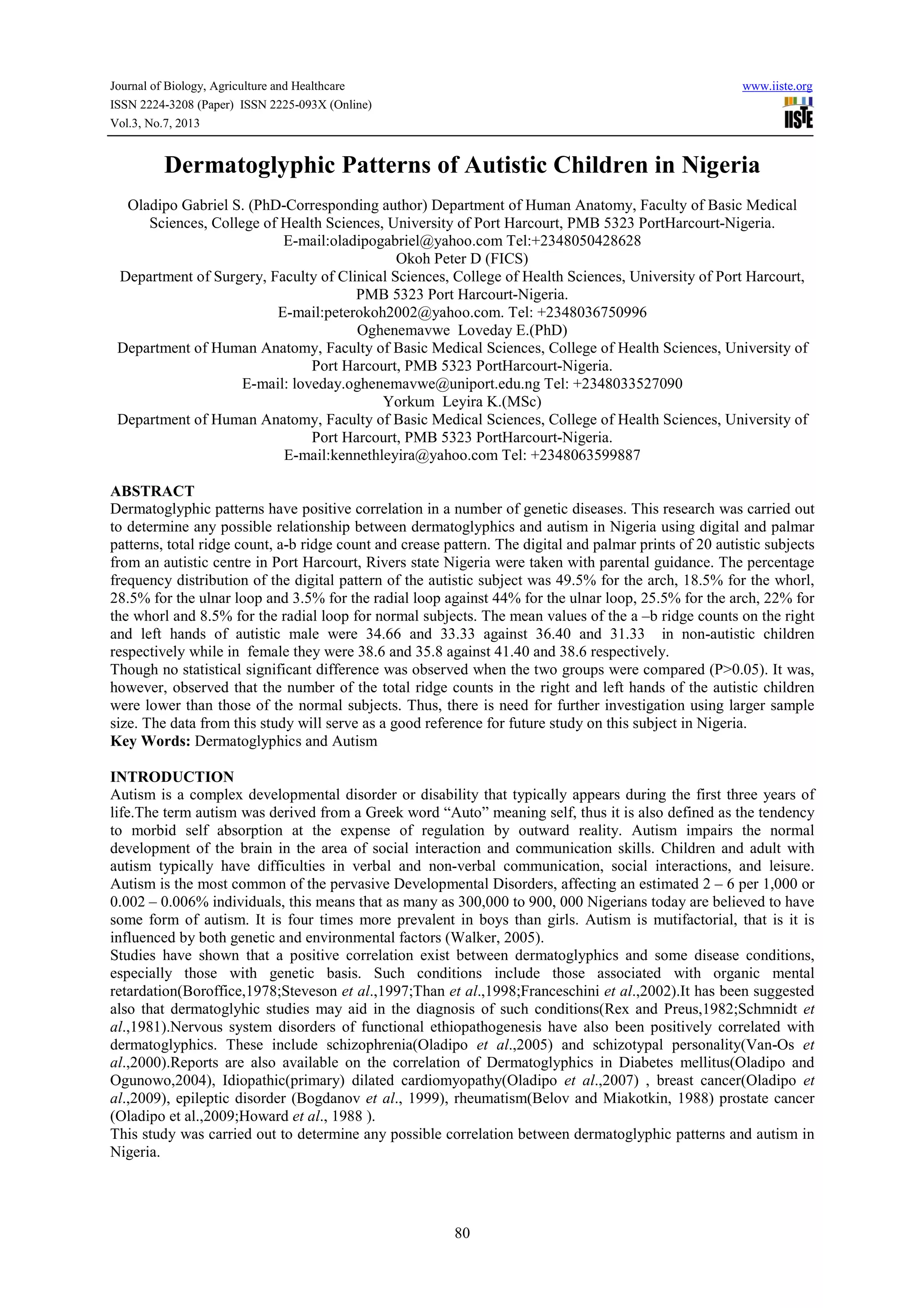 Dermatoglyphic patterns of autistic children in nigeria | PDF